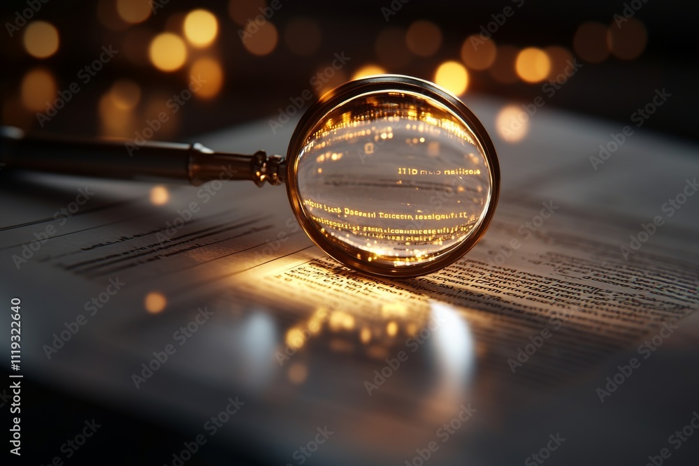A magnifying glass focusing on binary code printed on a document ...