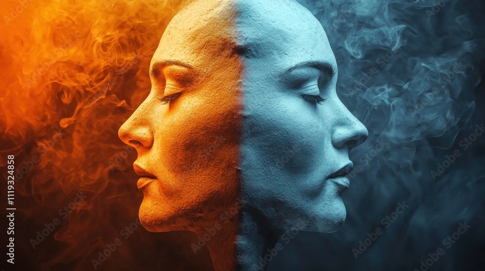 Change mind represented by two faces, one turning away from the other ...