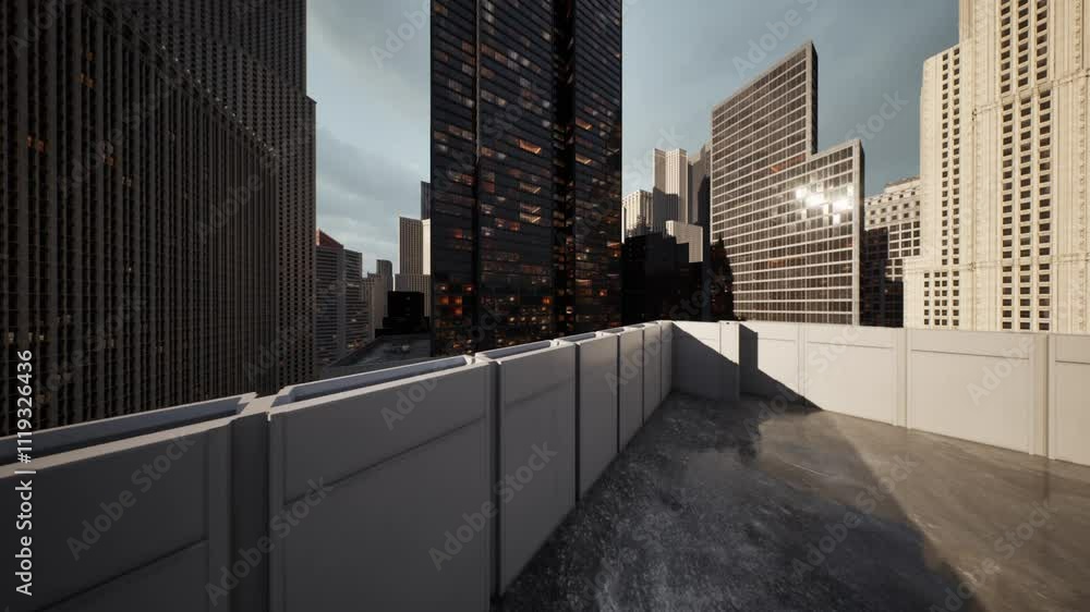 The skyline features towering buildings reflecting the fading evening ...