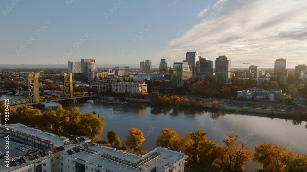 Beautiful Drone Aerial of Downtown Sacramento, CA Skyline, Tower Bridge ...