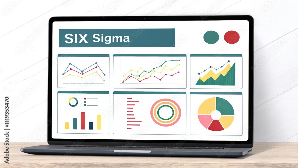 Six Sigma and DMAIC concept. Laptop displaying Six Sigma data and ...