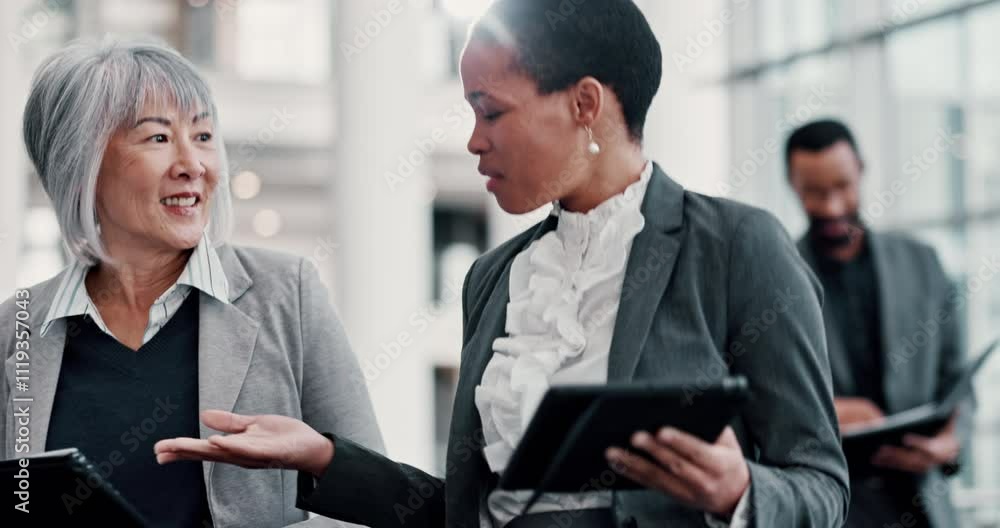 Business, women and walking to meeting with documents for financial ...