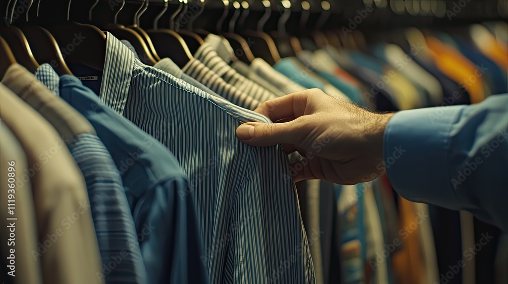 Male hand reaching for a striped shirt on a hanger, with clothes ...