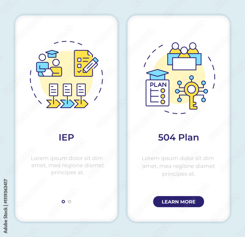 IEP vs 504 plan onboarding mobile app screen. Education walkthrough 2 ...
