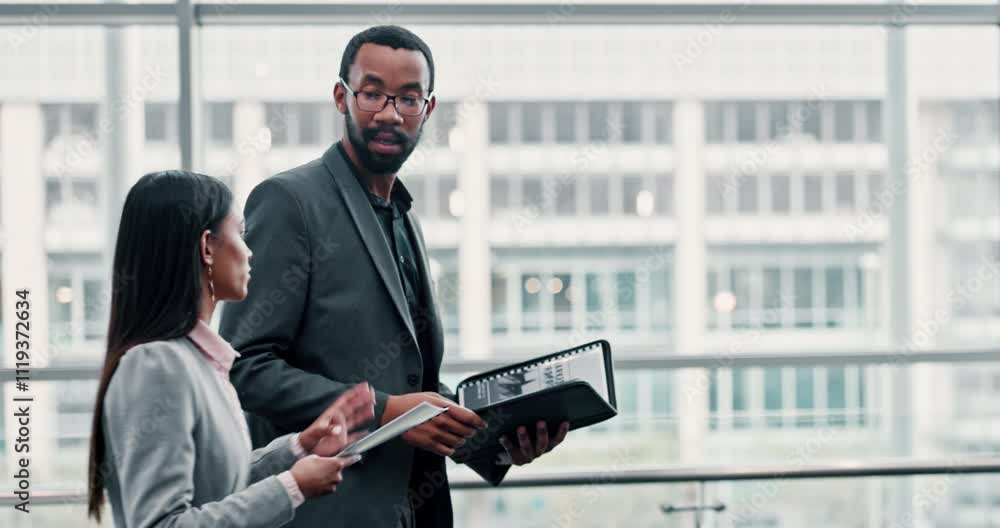 Business, people and walking with documents in office for financial ...