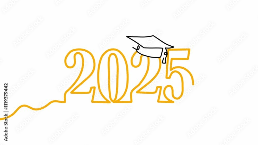 Appearing Text 2025 Continuous One Line Drawing. Graduation black cup ...