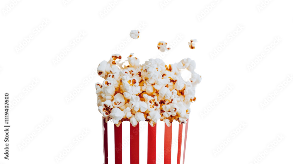 Popcorn in a classic red and white striped paper bag isolated on ...