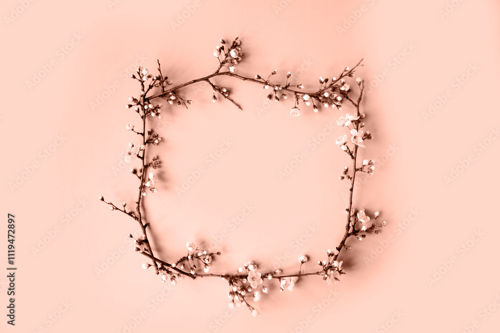 Frame of fresh twigs of blooming cherry. Mocha Mousse - the color of ...