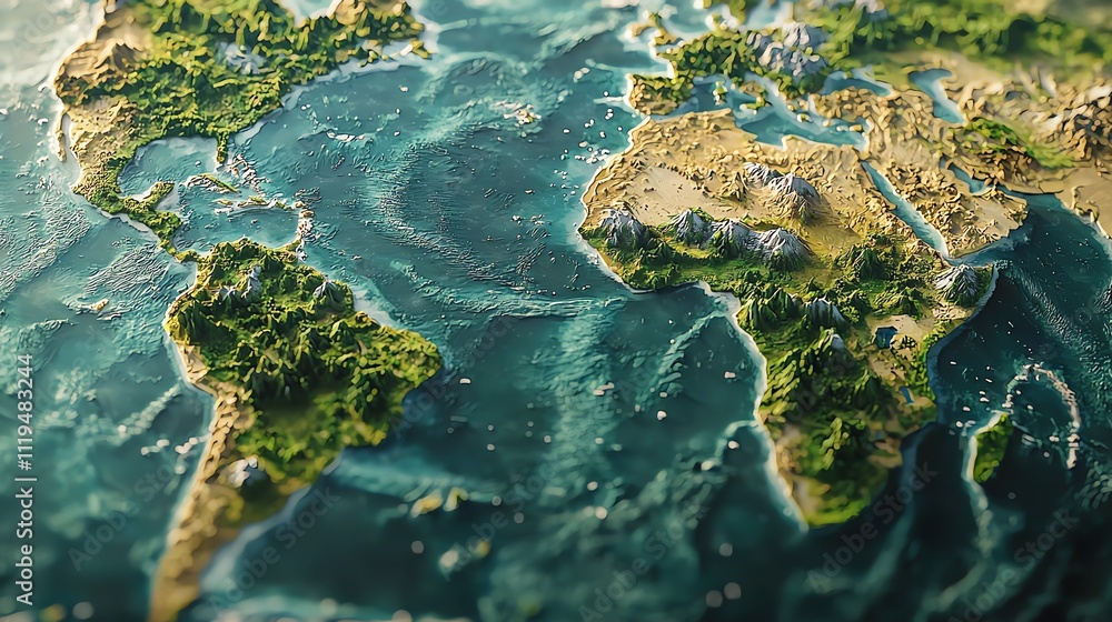 Detailed 3D map of Earth's continents and oceans, highlighting ...