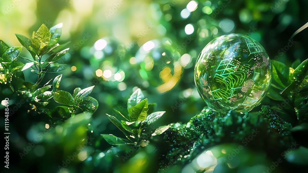 Crystal orbs resting on fresh green leaves, glowing in sunlight ...