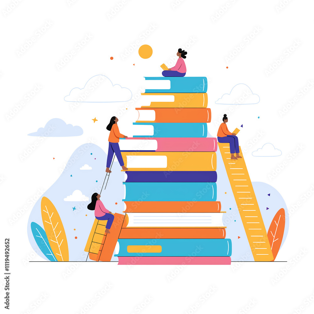 Book festival poster: Tiny character reading atop a giant stack of ...