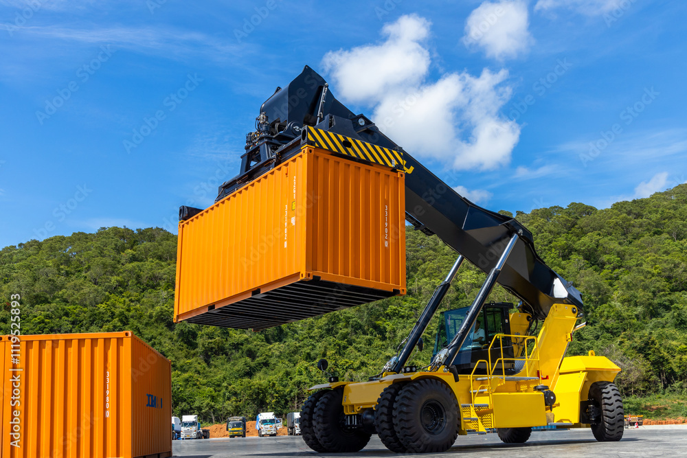Reach stacker cargo forklift container box import export logistic ...