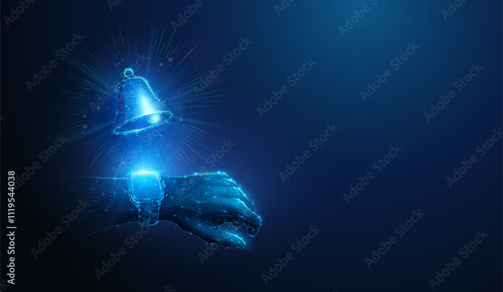 Abstract illustration of low poly notification bell over smart watch ...