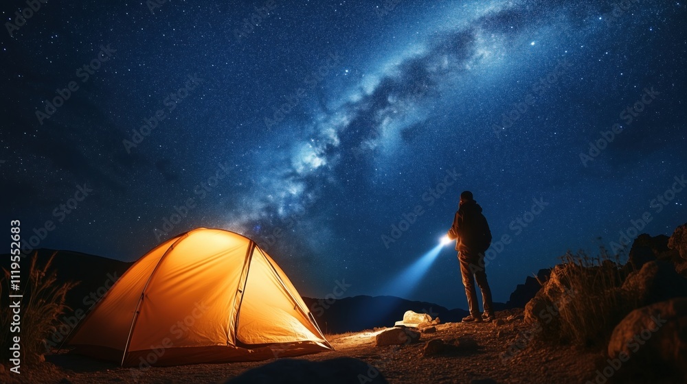 Adventurer uses a flashlight to explore the nighttime scenery, with a ...