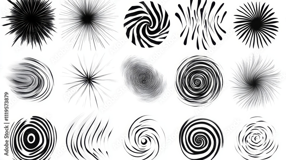 linear burst collection, expressive circular patterns, dynamic swirl ...