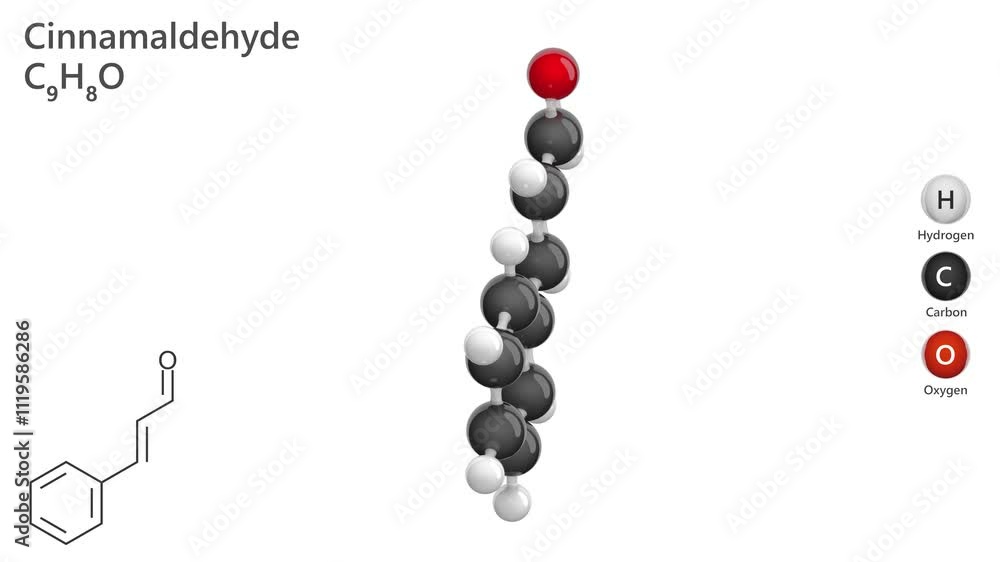 Cinnamaldehyde. Cinnamon. Animated 3D model of a molecule. Molecular ...