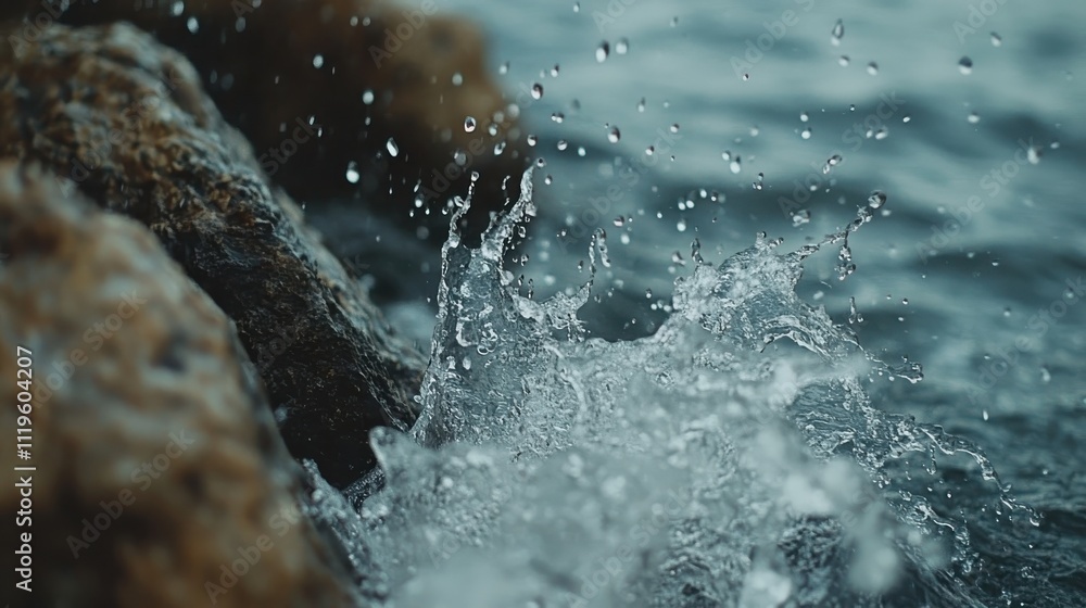 Powerful wave crashing against rocks, water in motion showing raw ...