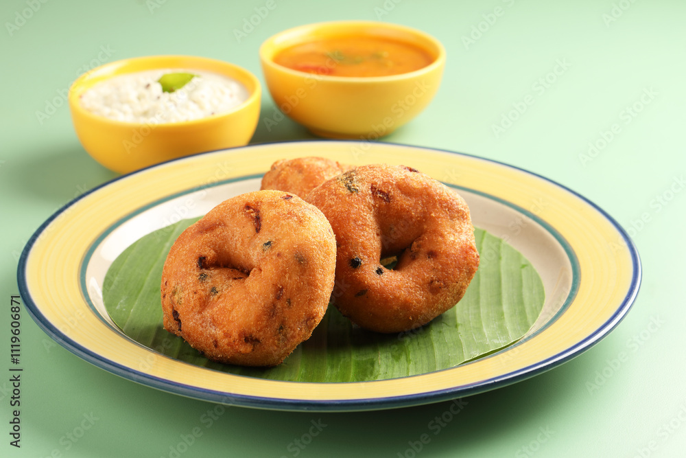Medu Vada, a popular South Indian food served with Sambar ,Green ...