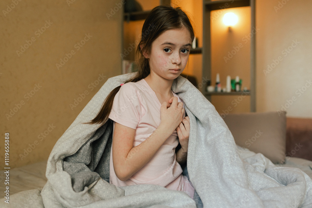 Close up of sick child with skin rashes is scratching from an itch in ...