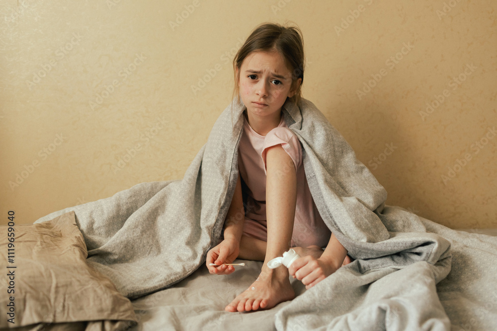 A sick child with skin rashes applies cream from itchy spots on her ...