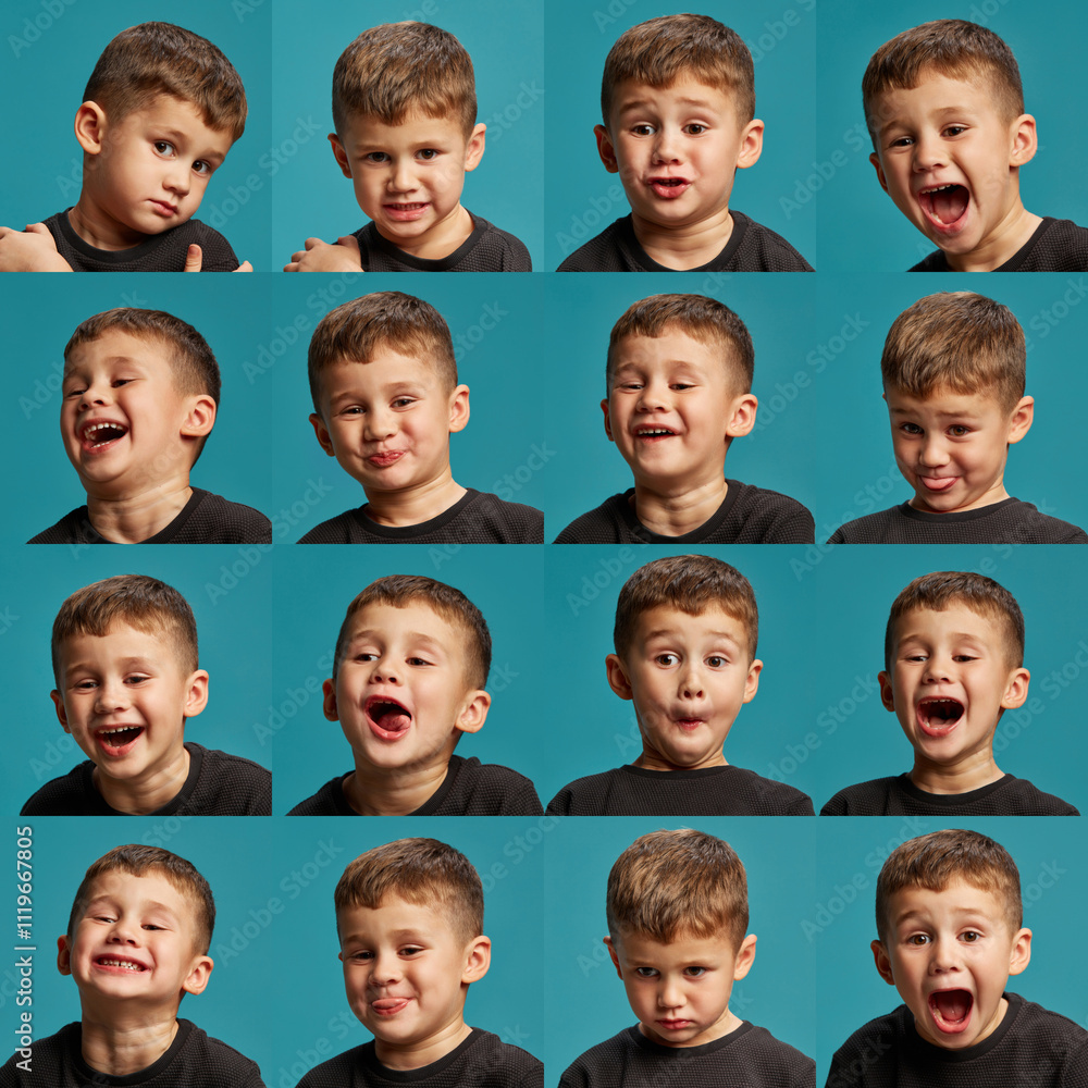 Collage. Little boy, child showing variety of facial expressions ...