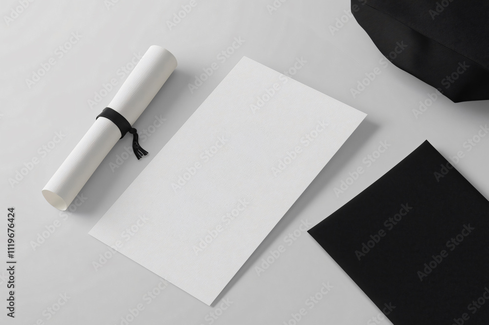 Customizable graduation invitation card mockup is laying on white table ...