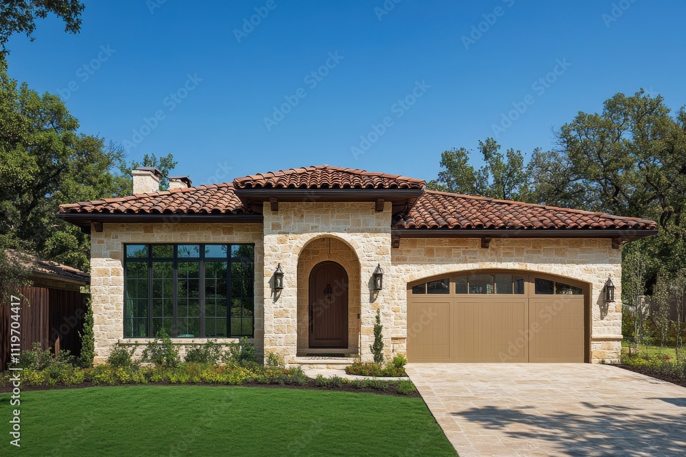 Suburban single story house Mediterranean style architecture Stock ...
