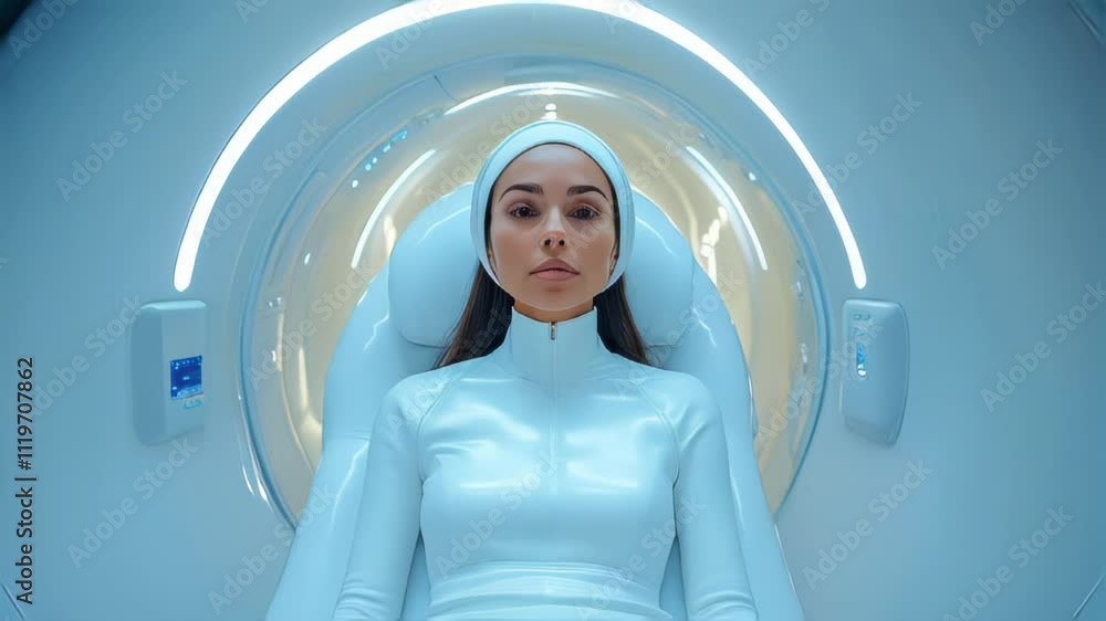 Female patient in a futuristic MRI scanner, wearing a white outfit, in ...