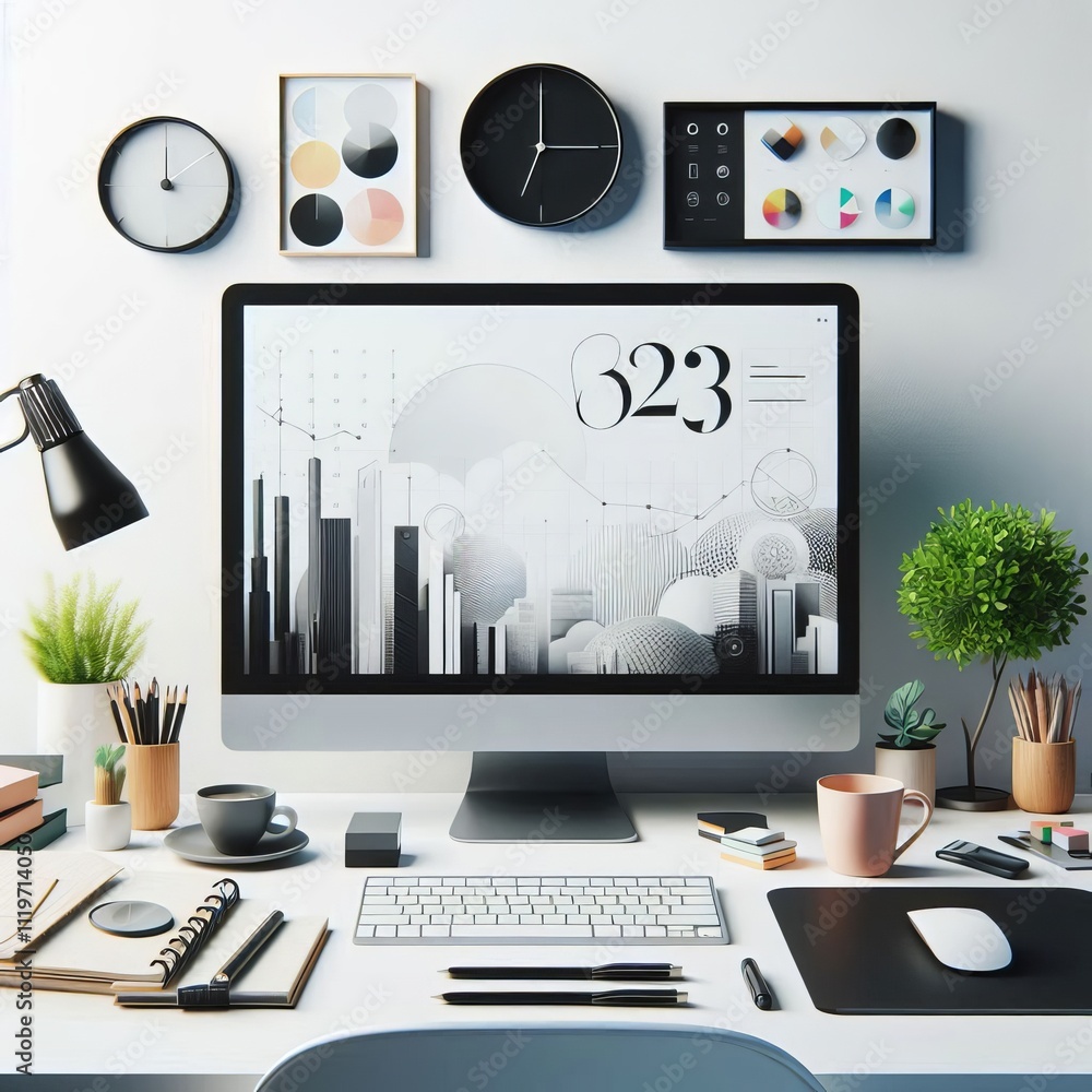 Modern Desk Setup A clean desk with a computer monitor keyboard Stock ...