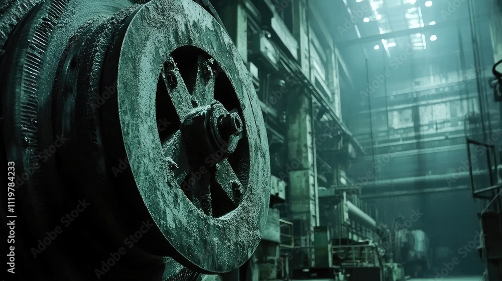 Grinding wheel in industrial factory setting with steel structure ...