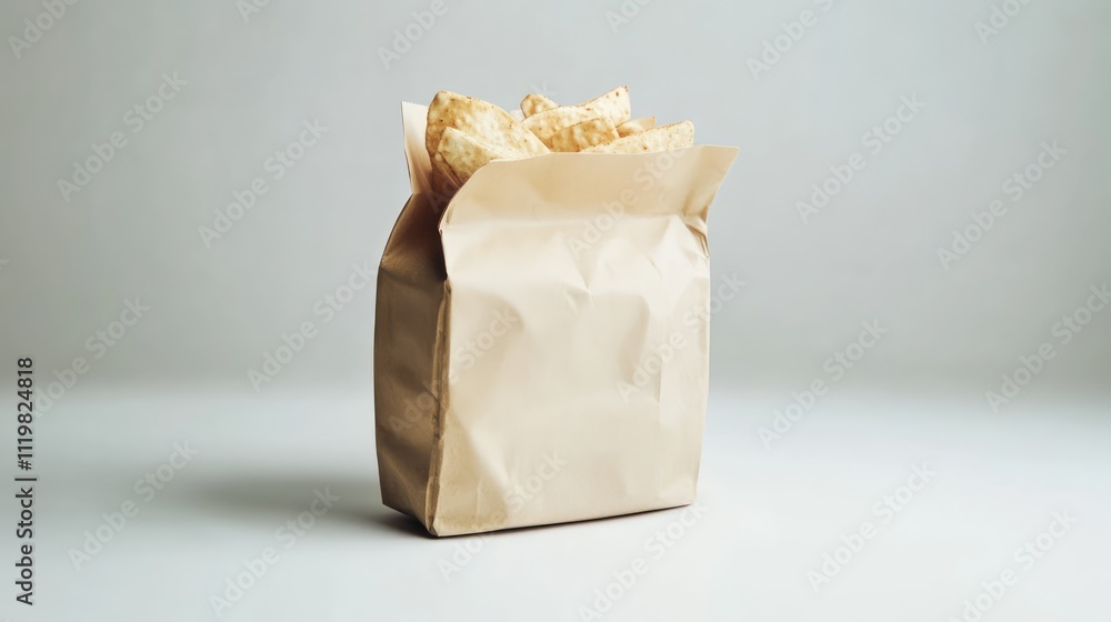 Studio shot of a biodegradable snack bag filled with crispy snacks on a ...