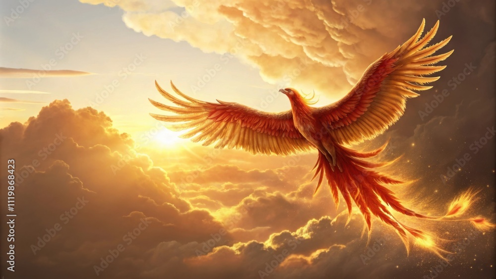 A stunning phoenix wrapped in a fiery aura takes flight amid an expanse ...