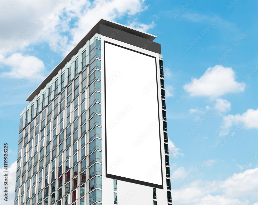 Mock up white vertical large LED display billboard on tower building ...