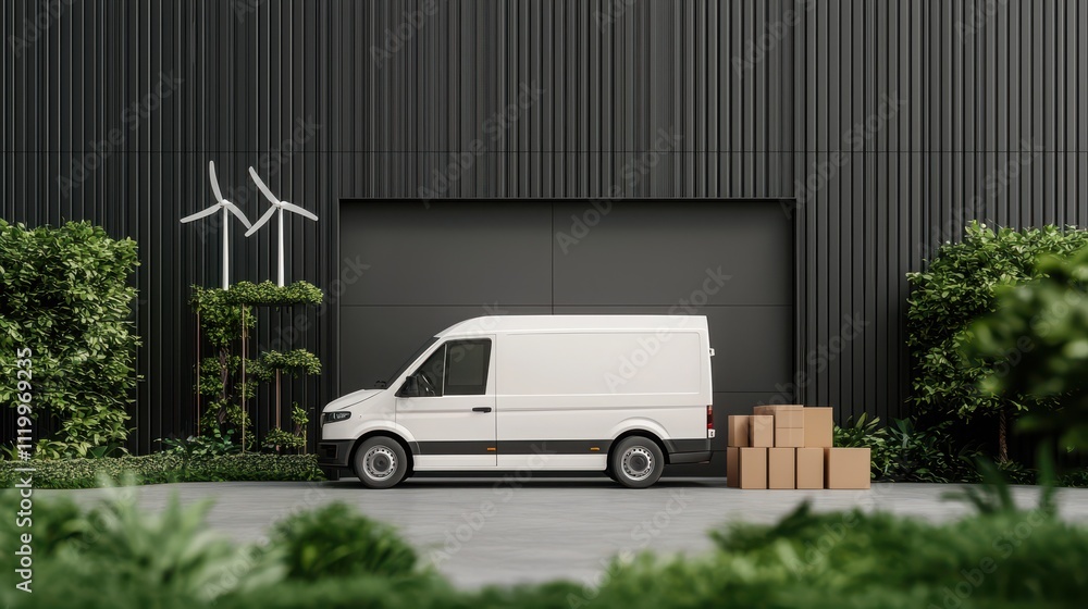 Electric delivery van unloading packages at green environment with wind ...