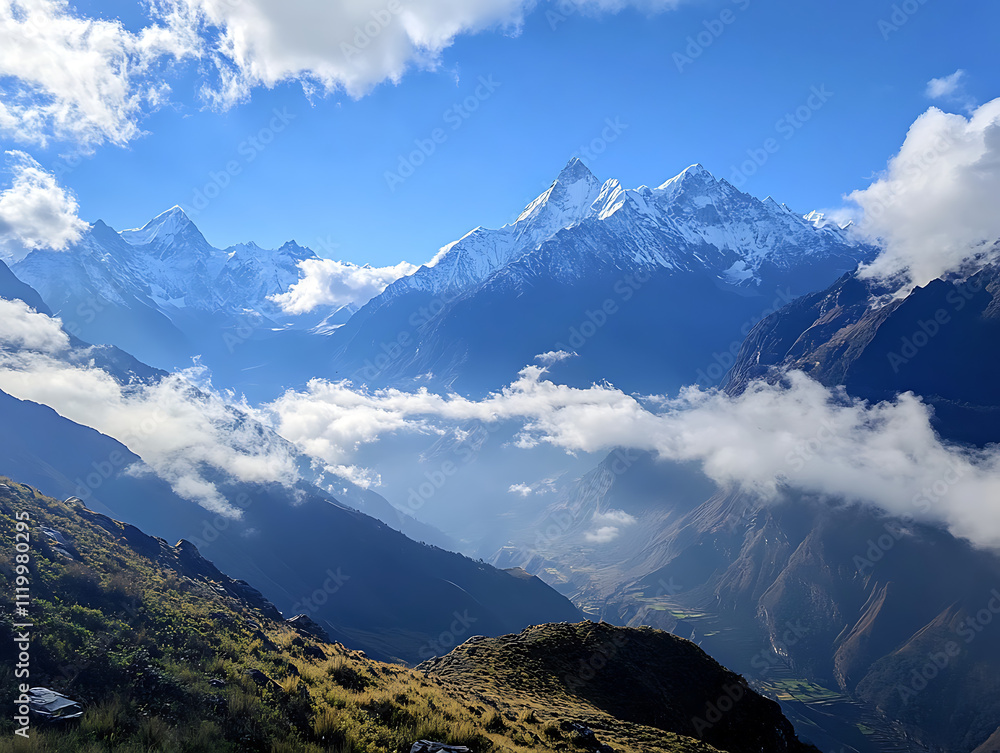 Vast mountain ranges disappearing into layers of mist and clouds ...
