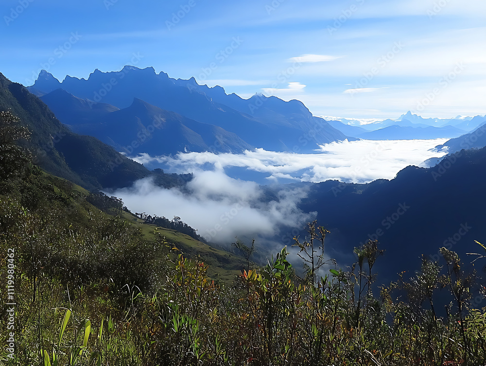 Vast mountain ranges disappearing into layers of mist and clouds, framed by a bright blue sky ...