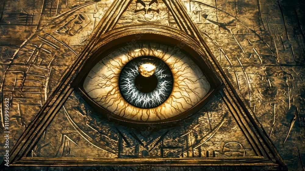 The All-Seeing Eye inside a triangle, encircled by ancient runes and ...