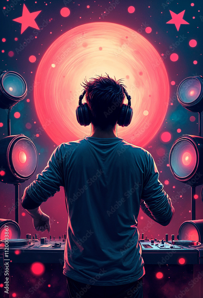 DJ mixing music under red moon suitable for music album covers, event ...