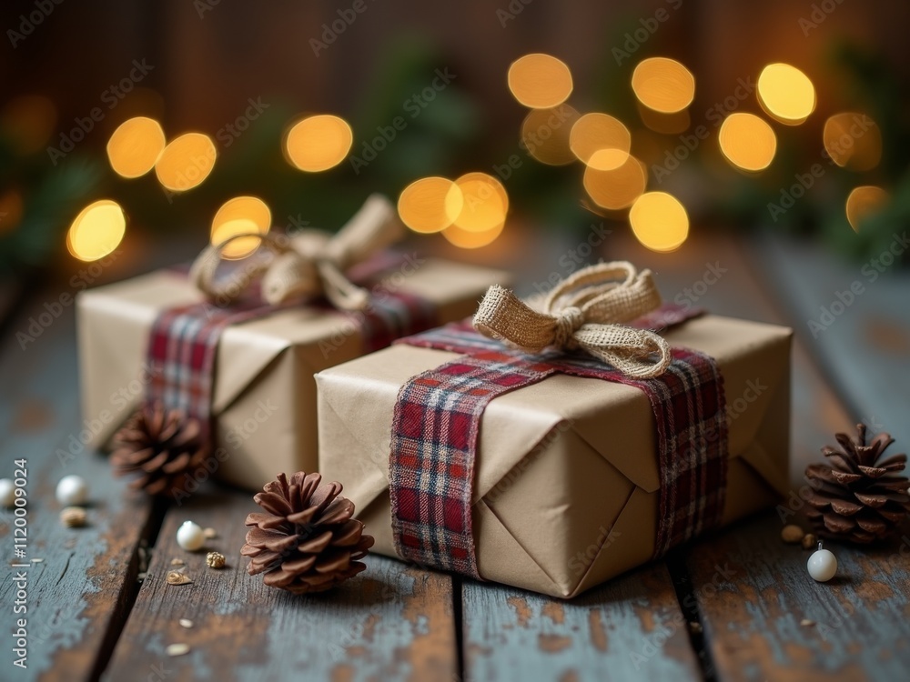 Elegant Christmas Gift Boxes Wrapped in Kraft Paper with Red and Silver ...