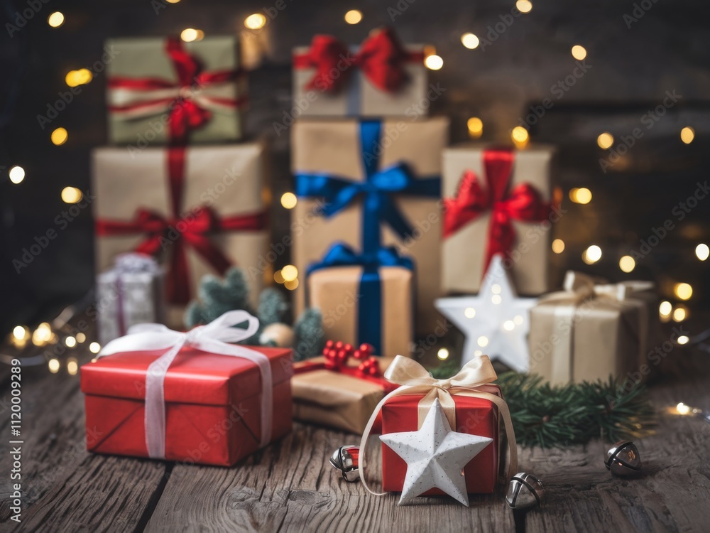Elegant Christmas Gift Boxes Wrapped in Kraft Paper with Red and Silver ...