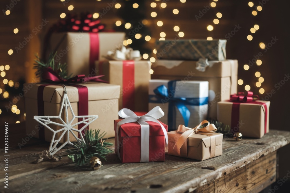 Elegant Christmas Gift Boxes Wrapped in Kraft Paper with Red and Silver ...
