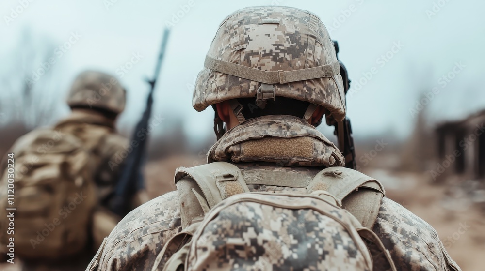 This image showcases the back view of two soldiers armed with rifles ...
