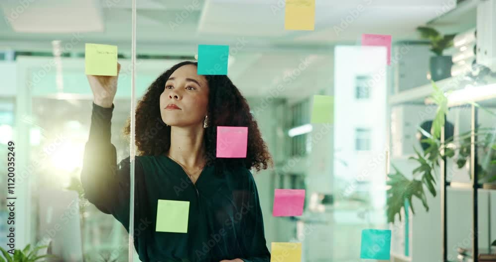 Creative woman, sticky notes and glass wall with writing for planning ...