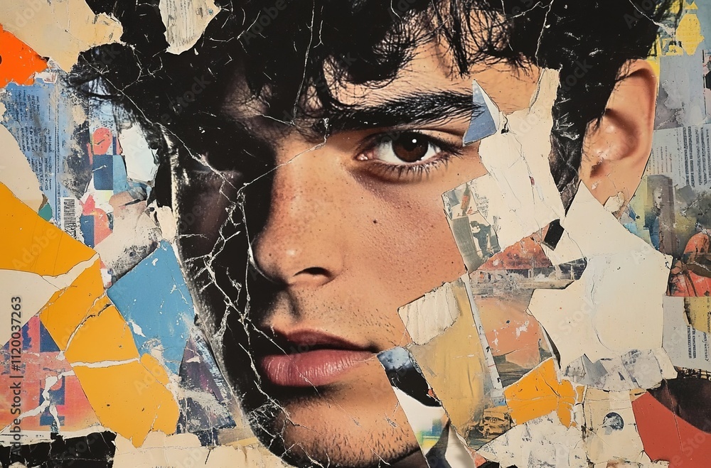 A collage of torn and worn magazine cutouts, with a portrait of a young ...