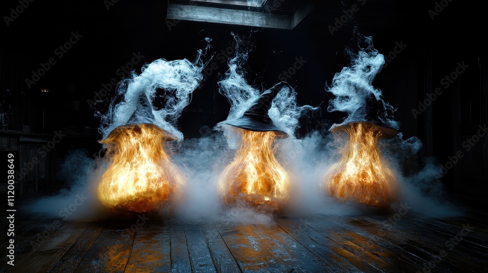 Three burning witch hats emitting swirling smoke create an enchanting ...