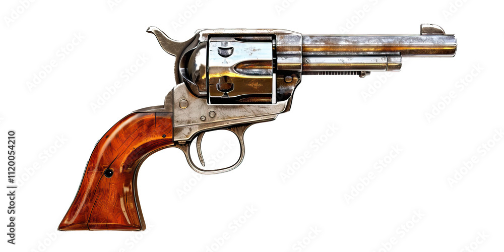 Six-shooter revolver with a wooden grip, for a typical handgun of the ...