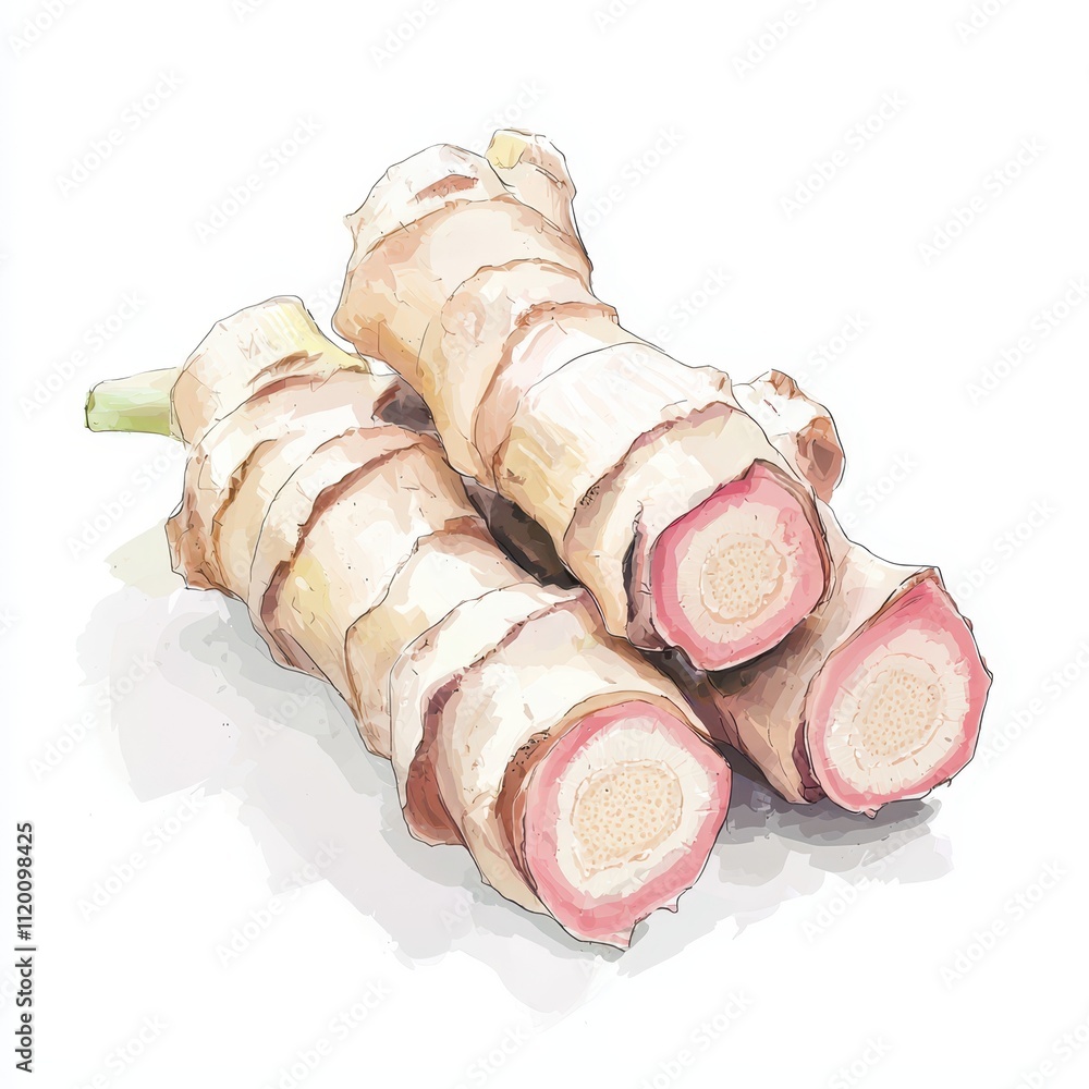Fresh galangal roots with a textured, pale exterior and vibrant inner ...