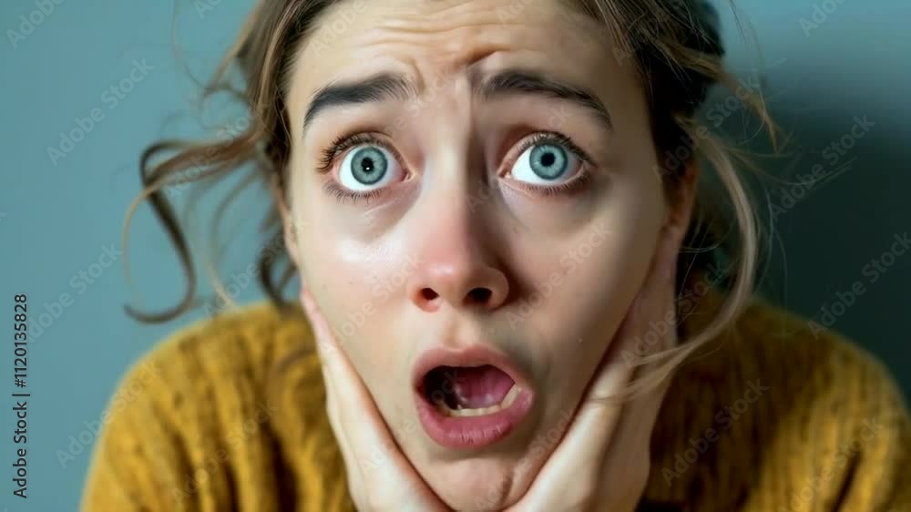 A surprised woman with wide eyes and an open mouth, expressing shock or ...