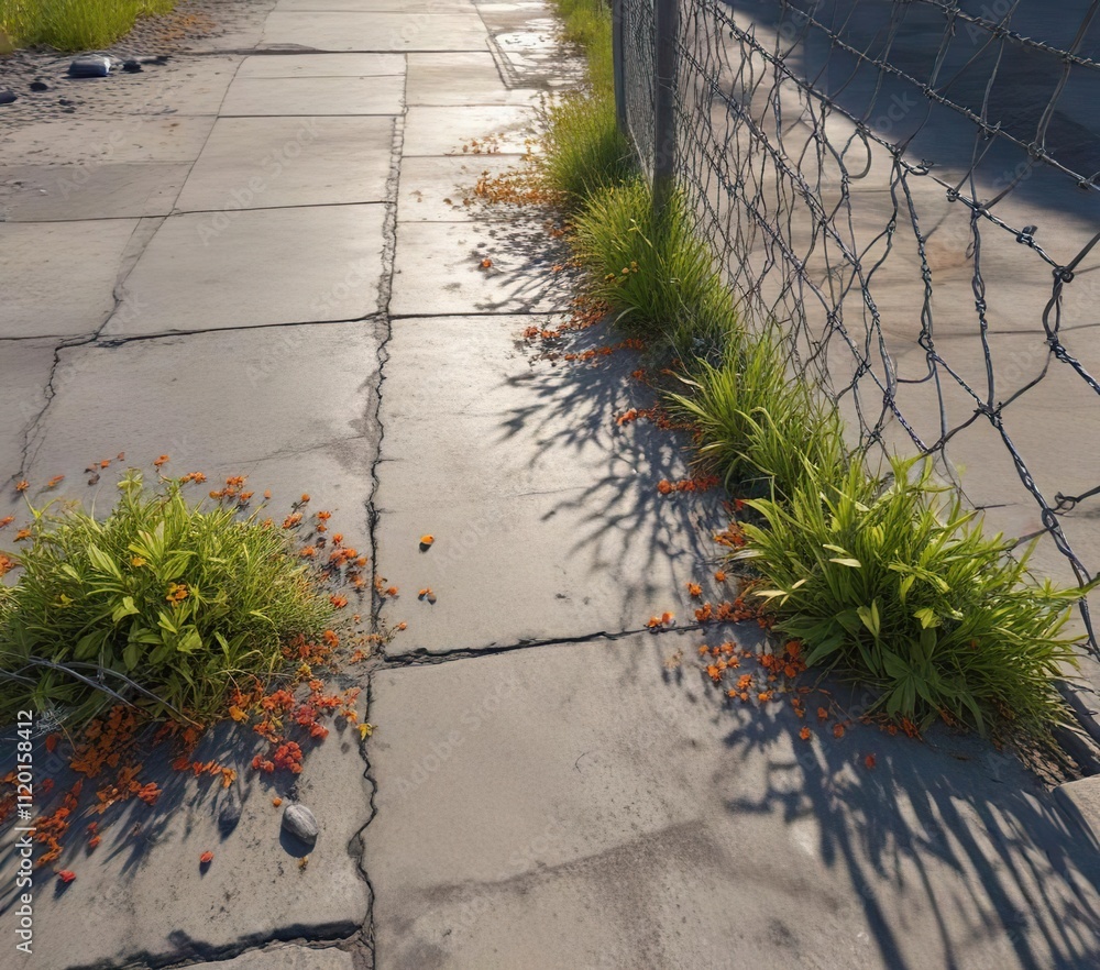 Chain link fence with weeds and debris on cracked concrete, chain link ...