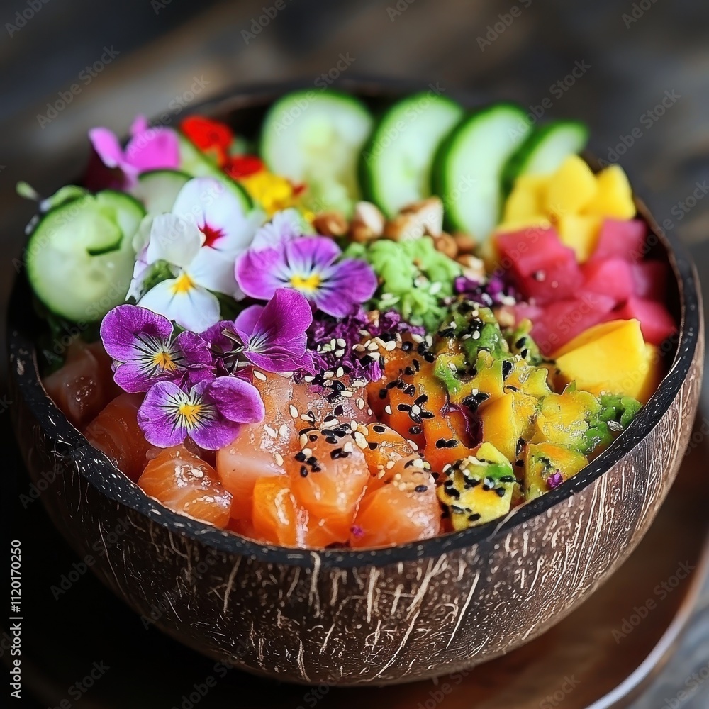 Colorful Poke Bowl Served in Coconut Shell Tropical Setting Culinary ...